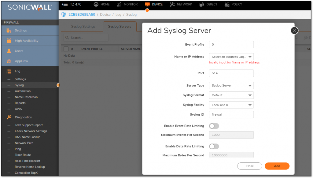 Syslog configuration on SonicWall - SGBox Next Generation SIEM & SOAR